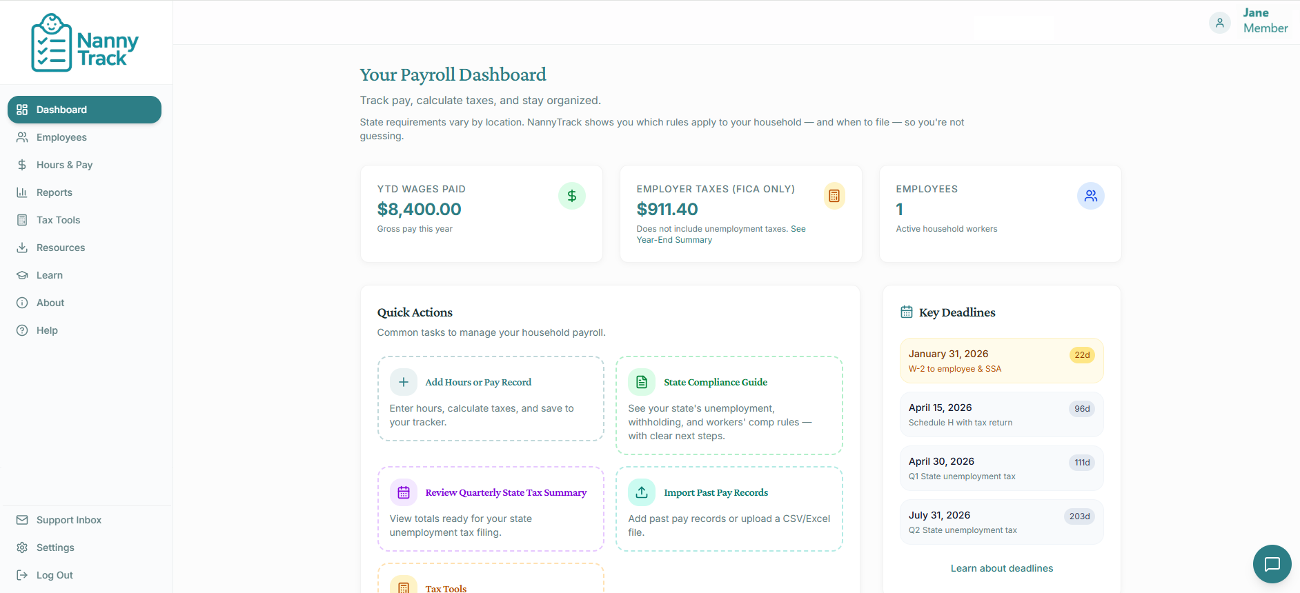 NannyTrack dashboard showing payroll tracking, tax calculations, and ...